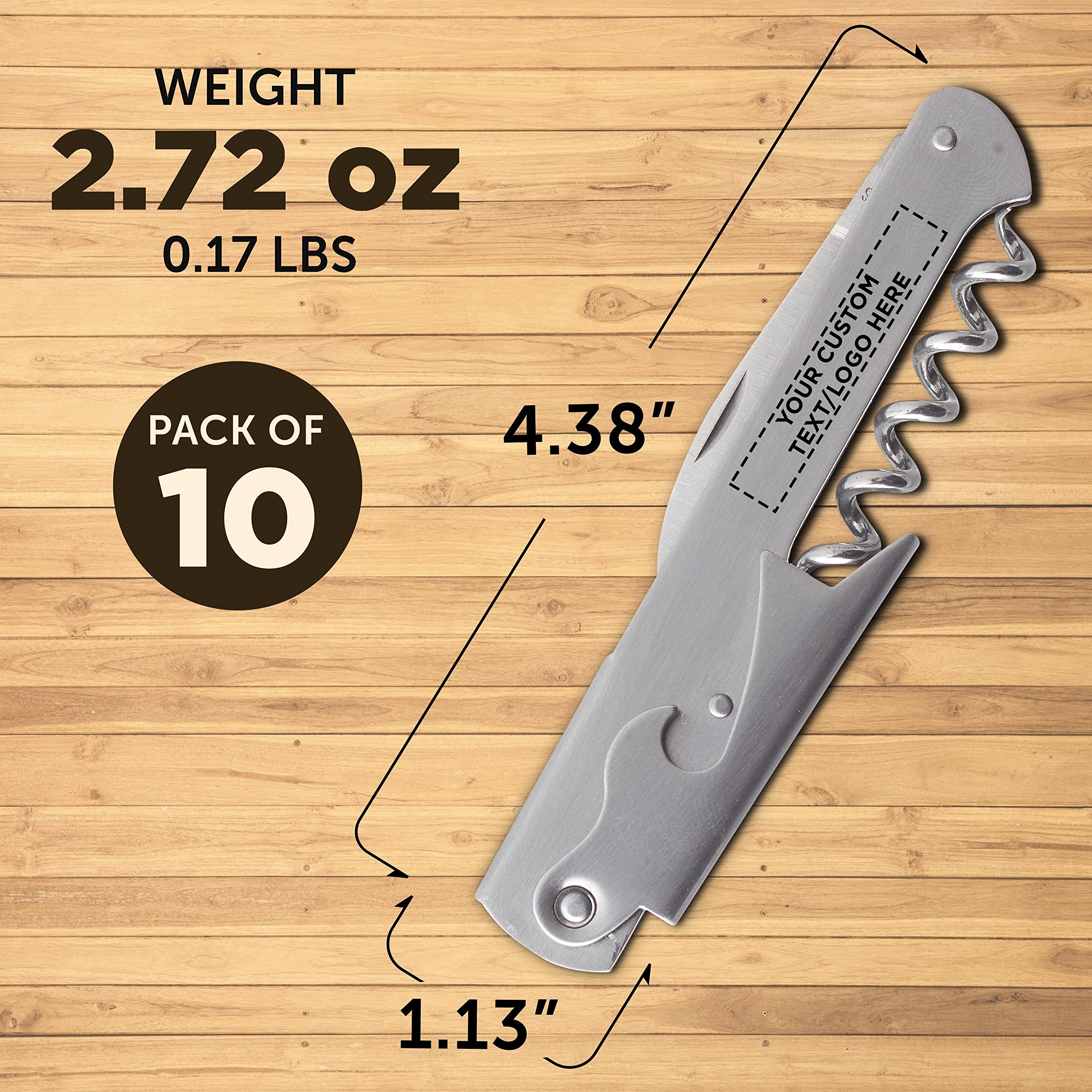 10 Valencia Stainless Steel Wine Bottle Openers Set - Customizable Text, Logo - Corkscrew, Serrated knife, Perfect for Bars - Silver