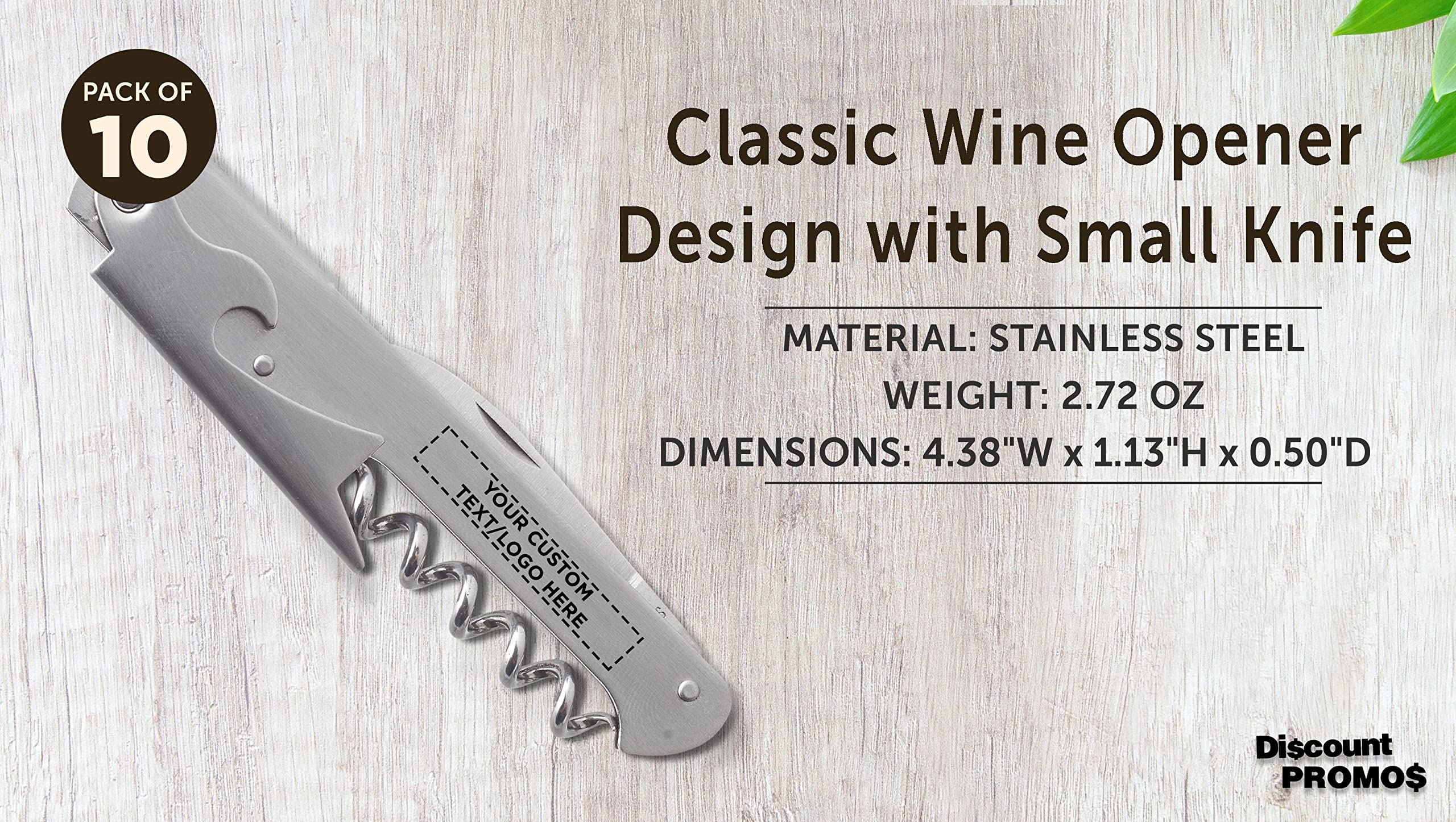 10 Valencia Stainless Steel Wine Bottle Openers Set - Customizable Text, Logo - Corkscrew, Serrated knife, Perfect for Bars - Silver