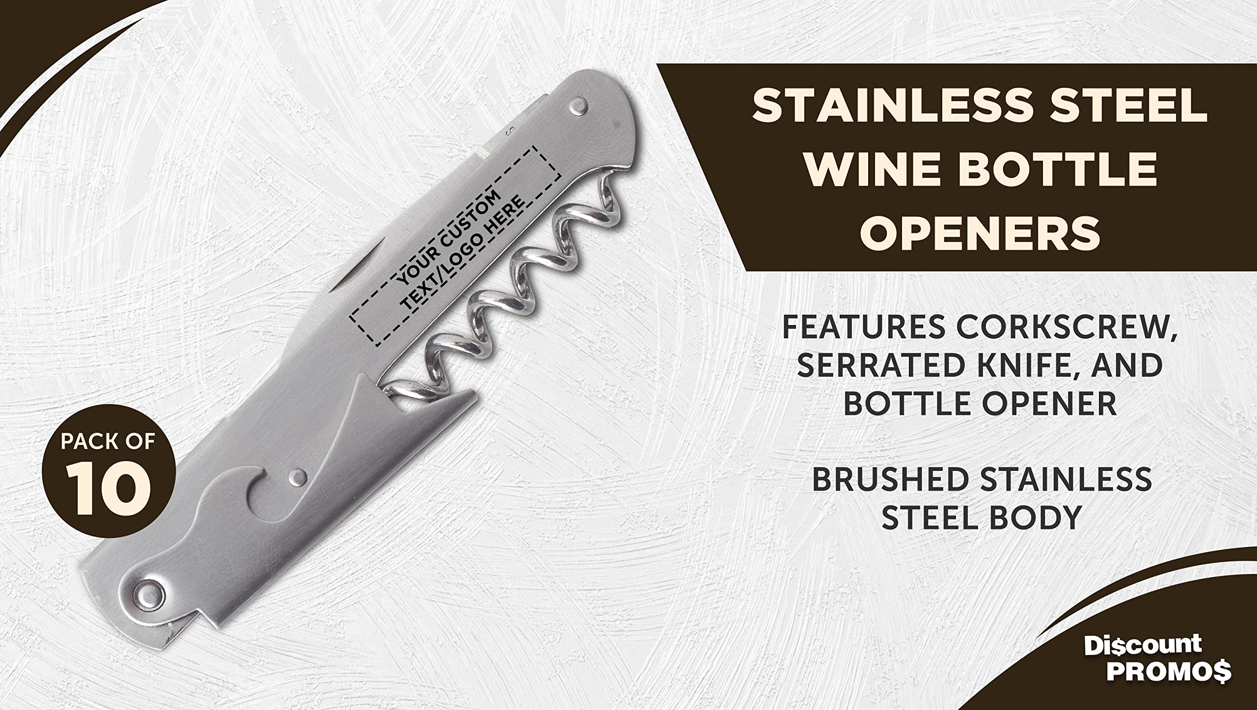 10 Valencia Stainless Steel Wine Bottle Openers Set - Customizable Text, Logo - Corkscrew, Serrated knife, Perfect for Bars - Silver