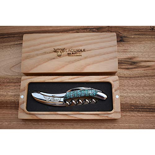 Laguiole En Aubrac Polished Sommelier Waiter's Corkscrew, Turquoise & Black Paper Waves Handle, Wine Opener With Foil Cutter & Bottle Opener