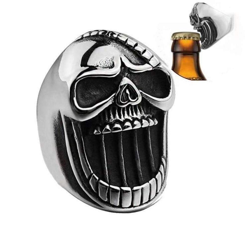 Halloween Skull Rings, Vintage Stainless Steel Punk Skull Biker Gothic Ring Beer Bottle Opener Band for Men (10)