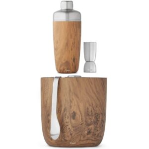 s'well stainless steel shaker set with jigger carafe - 18 fl oz - teakwood - triple-layered vacuum-iands'well stainless steel ice bucket with tongs - holds 68oz of ice - teakwood