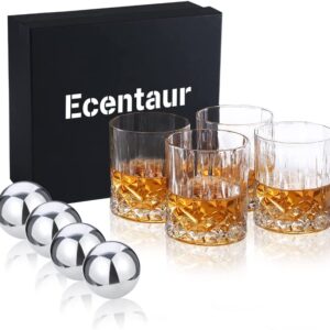 Whiskey Stones Gift Set Old Fashioned Whiskey Glasses Set of 4 with Stainless Steel Ice Cube