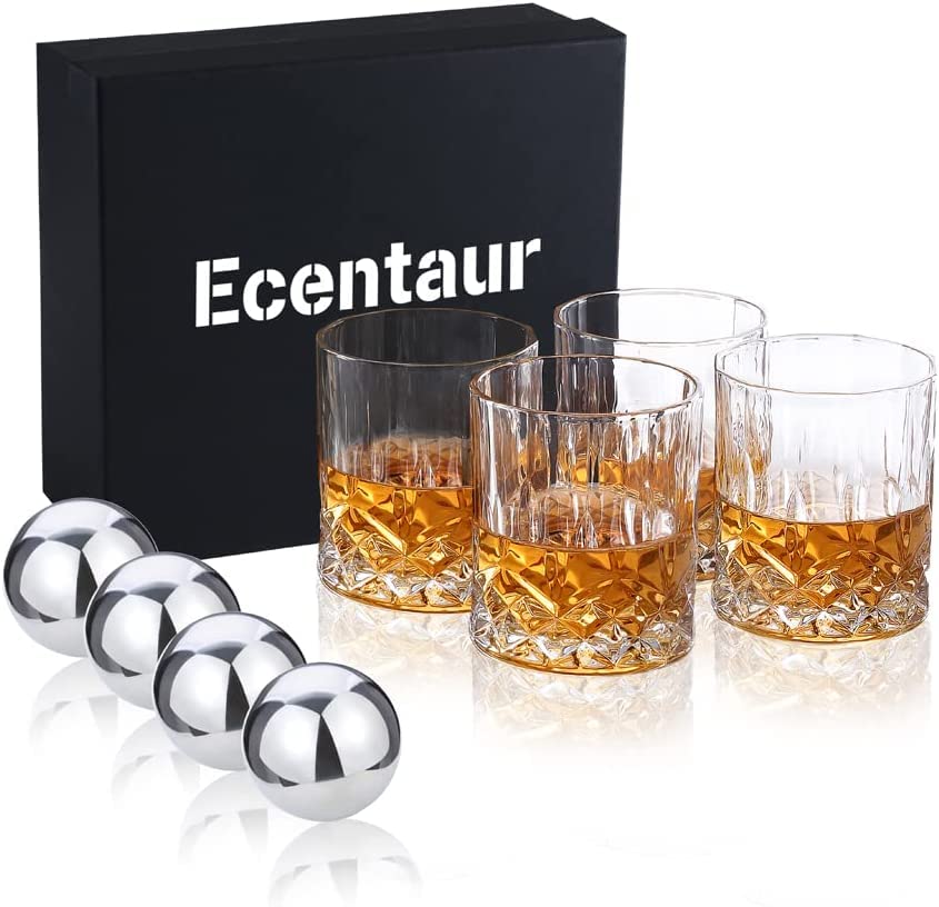 Whiskey Stones Gift Set Old Fashioned Whiskey Glasses Set of 4 with Stainless Steel Ice Cube