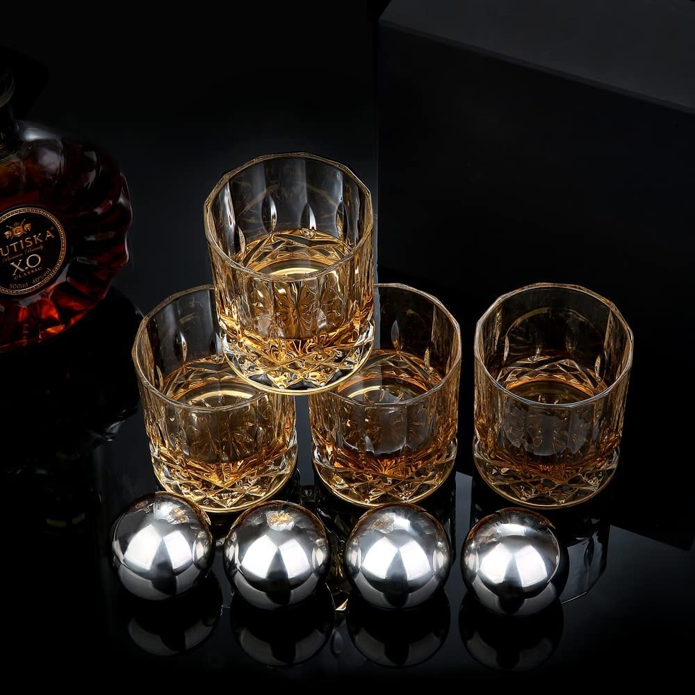 Whiskey Stones Gift Set Old Fashioned Whiskey Glasses Set of 4 with Stainless Steel Ice Cube