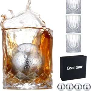 Whiskey Stones Gift Set Old Fashioned Whiskey Glasses Set of 4 with Stainless Steel Ice Cube