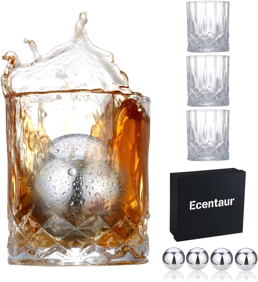 Whiskey Stones Gift Set Old Fashioned Whiskey Glasses Set of 4 with Stainless Steel Ice Cube