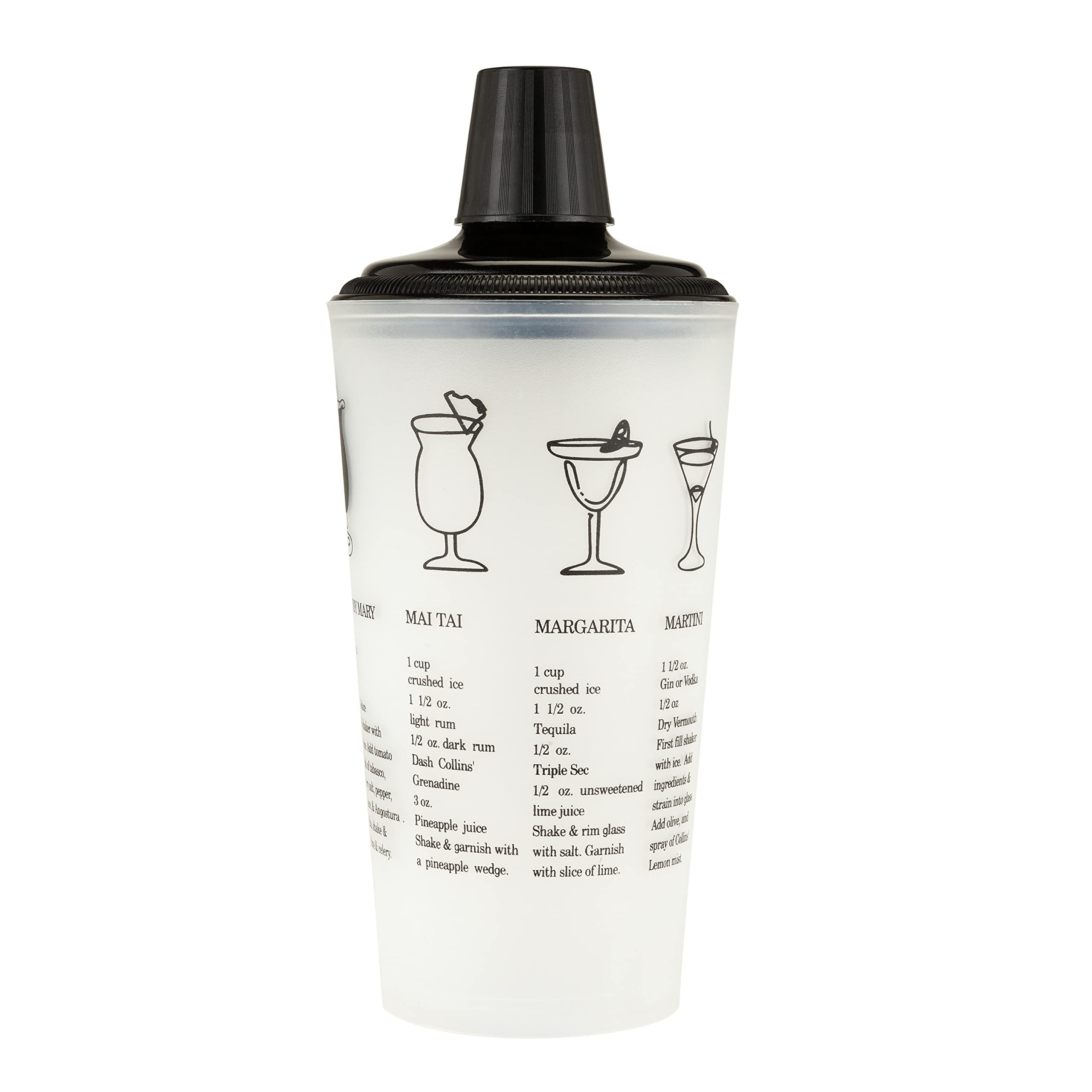 Collins Black Cocktail Recipe Shaker with Cap and Built In Strainer, 30 oz