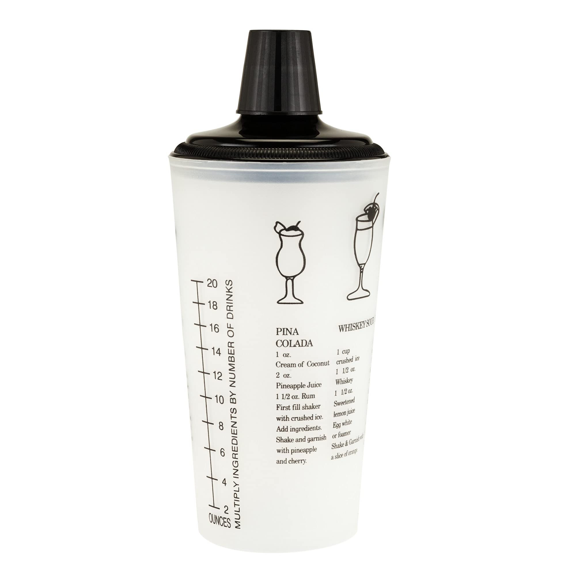 Collins Black Cocktail Recipe Shaker with Cap and Built In Strainer, 30 oz