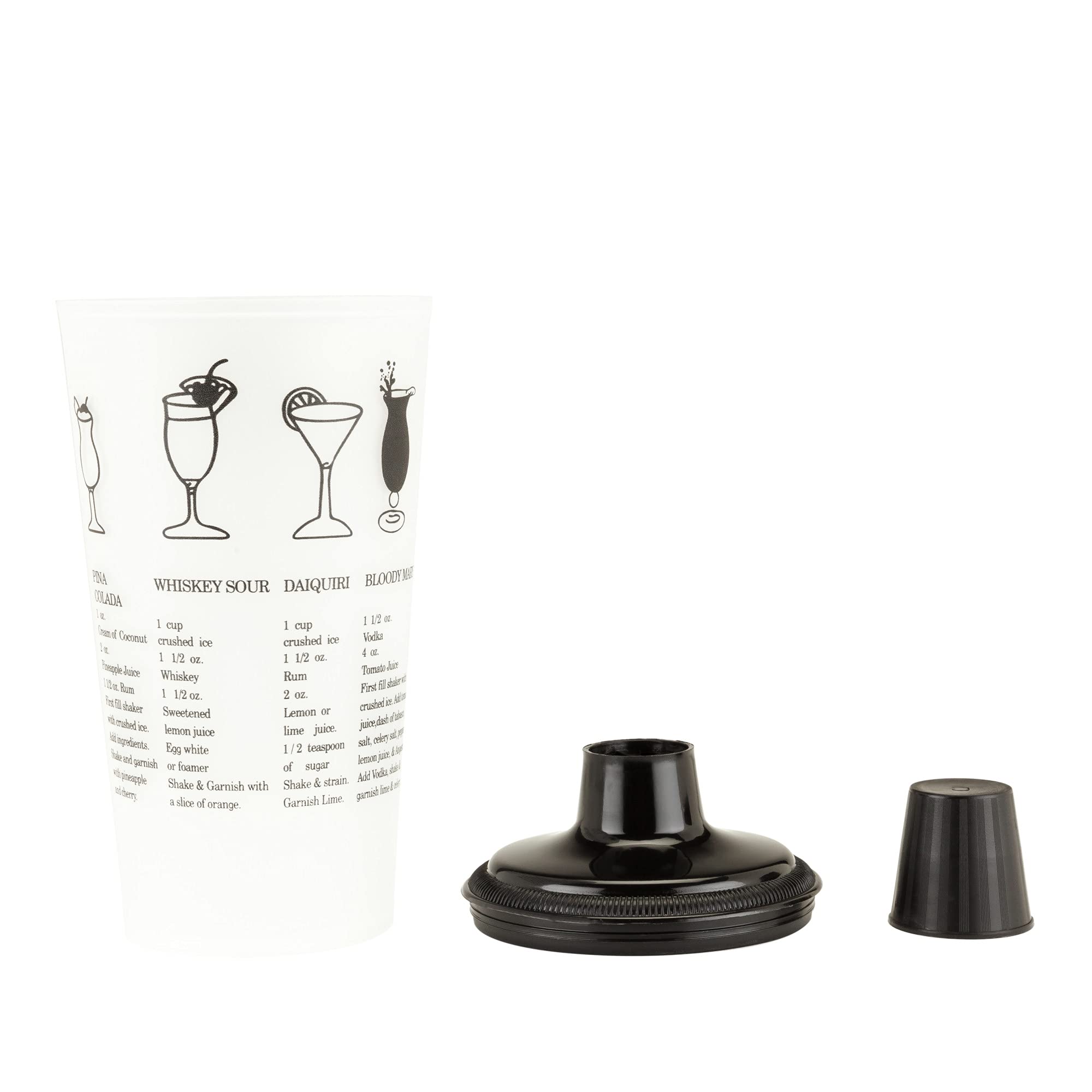 Collins Black Cocktail Recipe Shaker with Cap and Built In Strainer, 30 oz