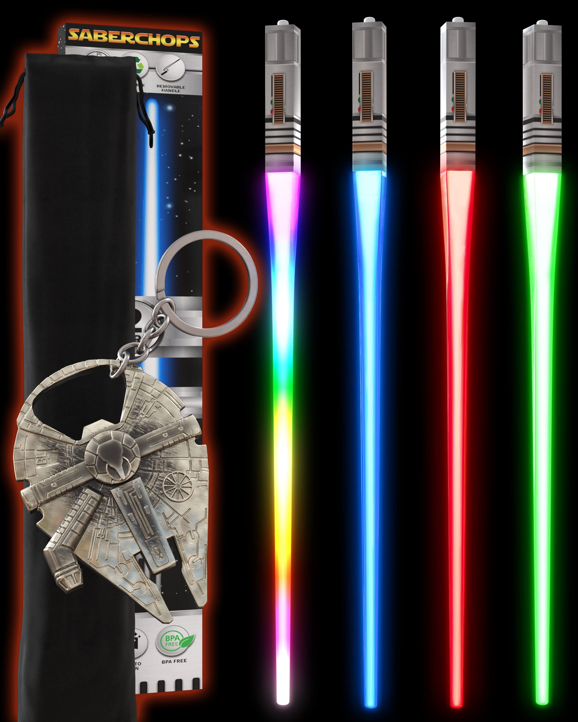 Lightsaber Chopsticks Light Up Star Wars LED Reusable 9 Colors 2 PAIRS FREE Millennium Falcon Keychain Bottle Opener