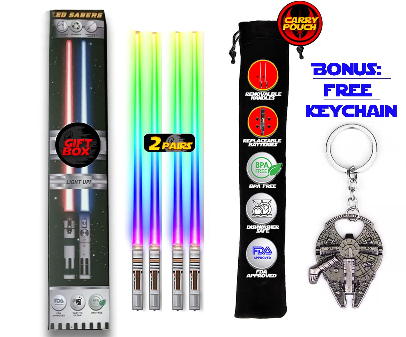 Lightsaber Chopsticks Light Up Star Wars LED Reusable 9 Colors 2 PAIRS FREE Millennium Falcon Keychain Bottle Opener