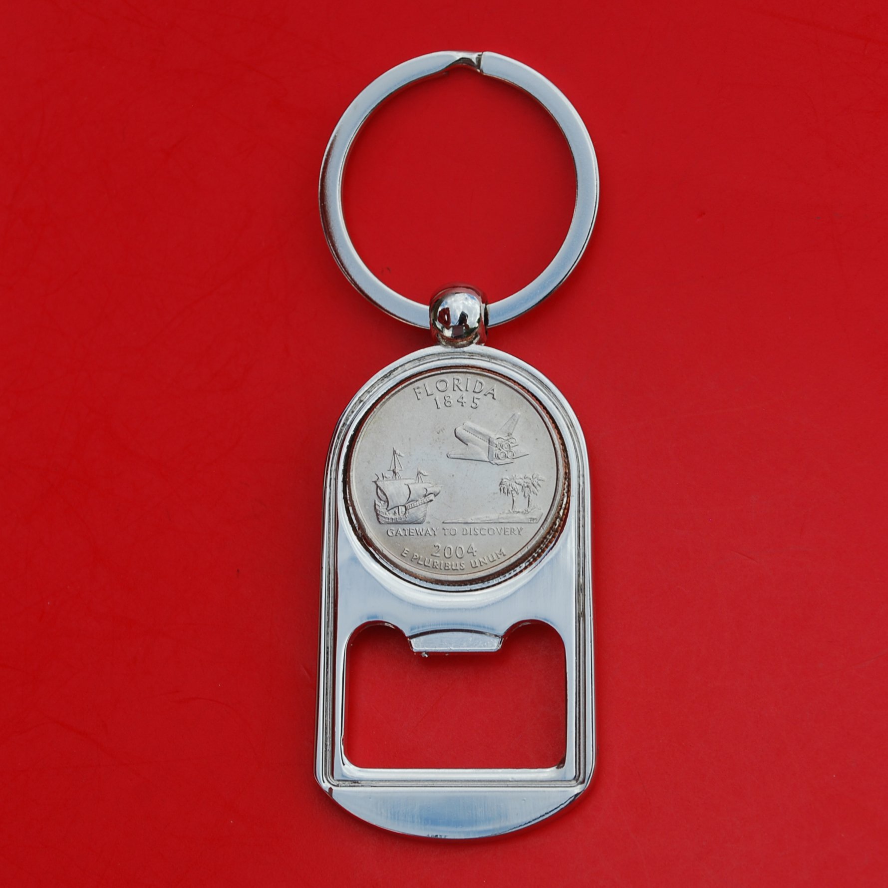 US 2004 Florida State Quarter BU Uncirculated Coin Silver Tone Key Chain Ring Bottle Opener NEW