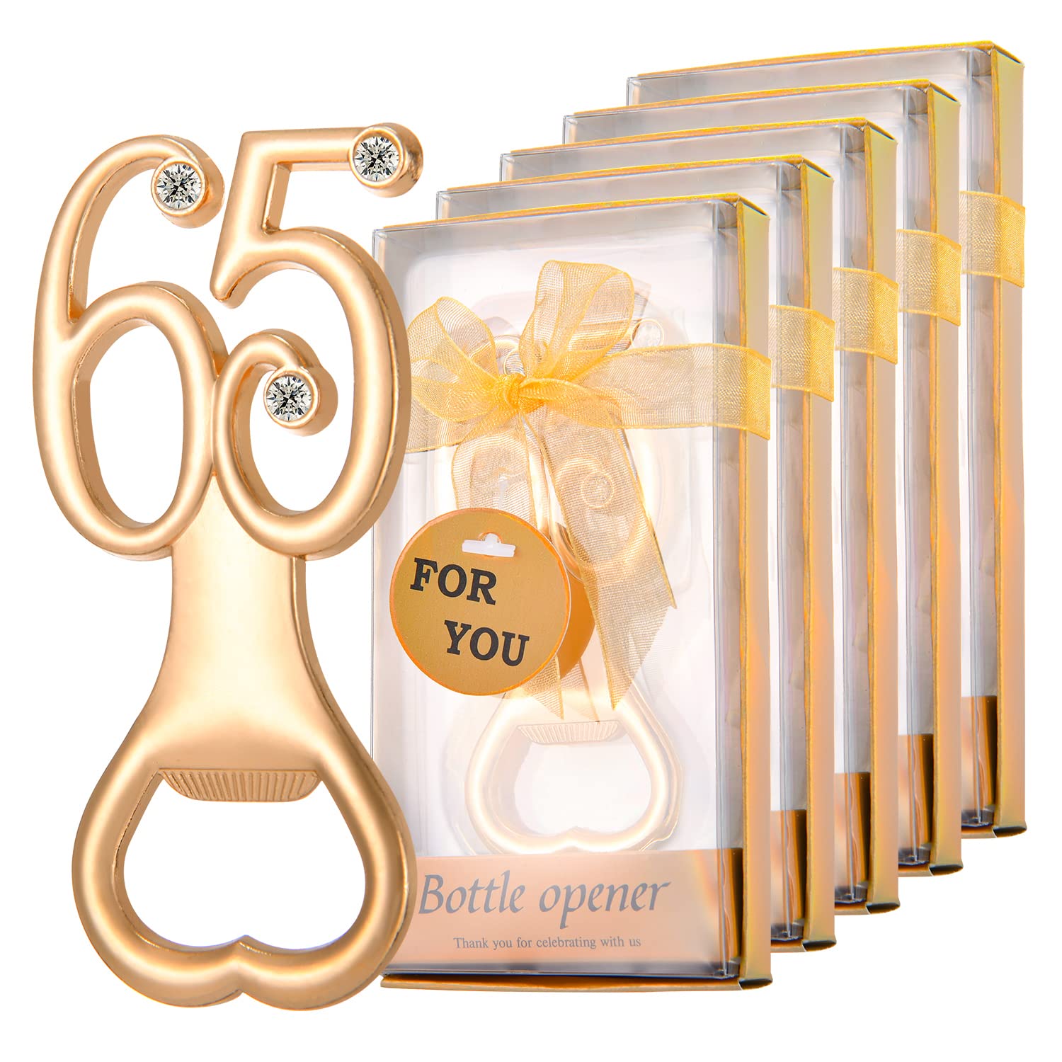 24Pcs Golden 65 Bottle Openers for 65th Birthday Party Favors Rhinestones Decorations for Wedding Anniversary Gifst Souvenrs or Keepsaks for Guests