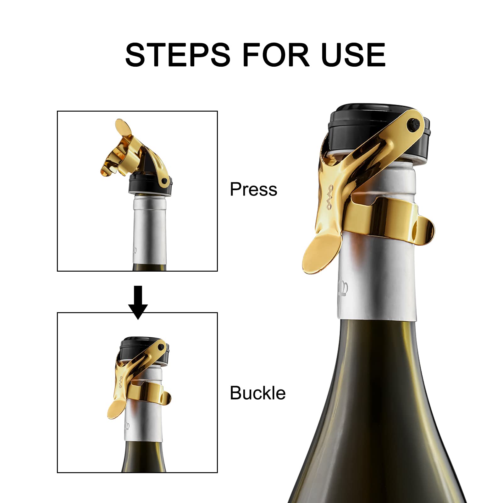 OWO Wine stoppers Stainless Steel Wine Saver Plug with Silicone Wine Saver for all Standard Bottle Necks Leak proof Keep Fresh （Gold, 2 Pack）