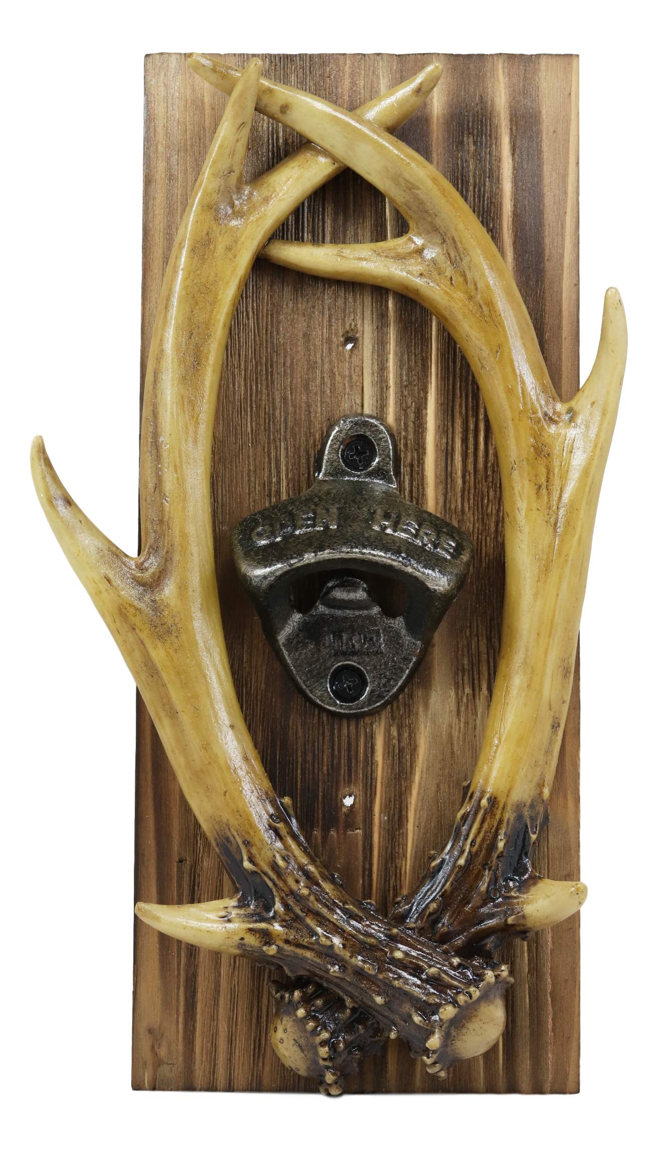 Ebros Rustic Western Faux Entwined Hunter's Stag Deer Antlers Trophy Mounted On Wood Plank Vintage Style Soda Beer Bottle Cap Cast Metal Opener 10.75" High Buck Deers Cabin Lodge Country Wall Plaque