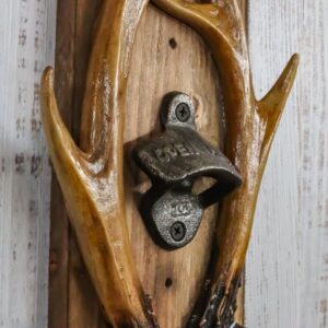 Ebros Rustic Western Faux Entwined Hunter's Stag Deer Antlers Trophy Mounted On Wood Plank Vintage Style Soda Beer Bottle Cap Cast Metal Opener 10.75" High Buck Deers Cabin Lodge Country Wall Plaque