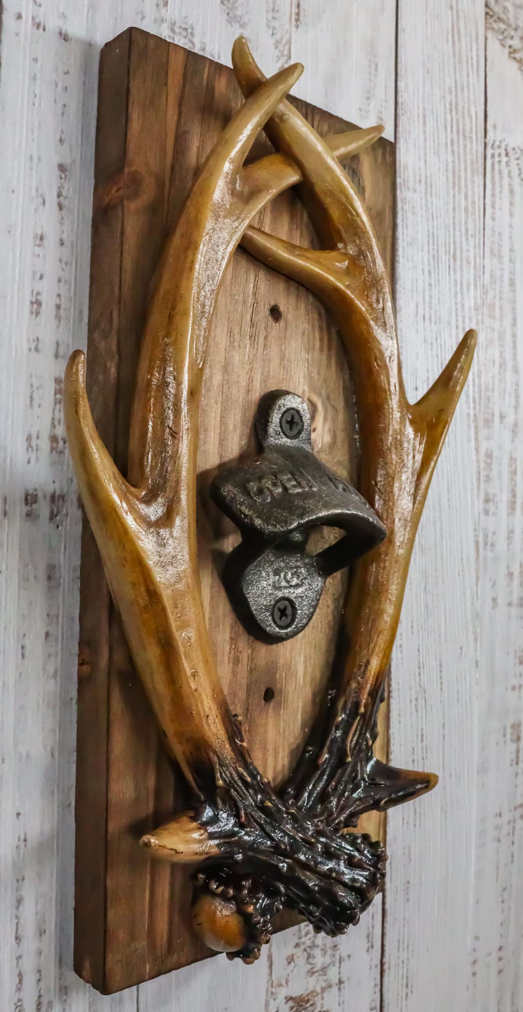 Ebros Rustic Western Faux Entwined Hunter's Stag Deer Antlers Trophy Mounted On Wood Plank Vintage Style Soda Beer Bottle Cap Cast Metal Opener 10.75" High Buck Deers Cabin Lodge Country Wall Plaque