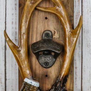 Ebros Rustic Western Faux Entwined Hunter's Stag Deer Antlers Trophy Mounted On Wood Plank Vintage Style Soda Beer Bottle Cap Cast Metal Opener 10.75" High Buck Deers Cabin Lodge Country Wall Plaque