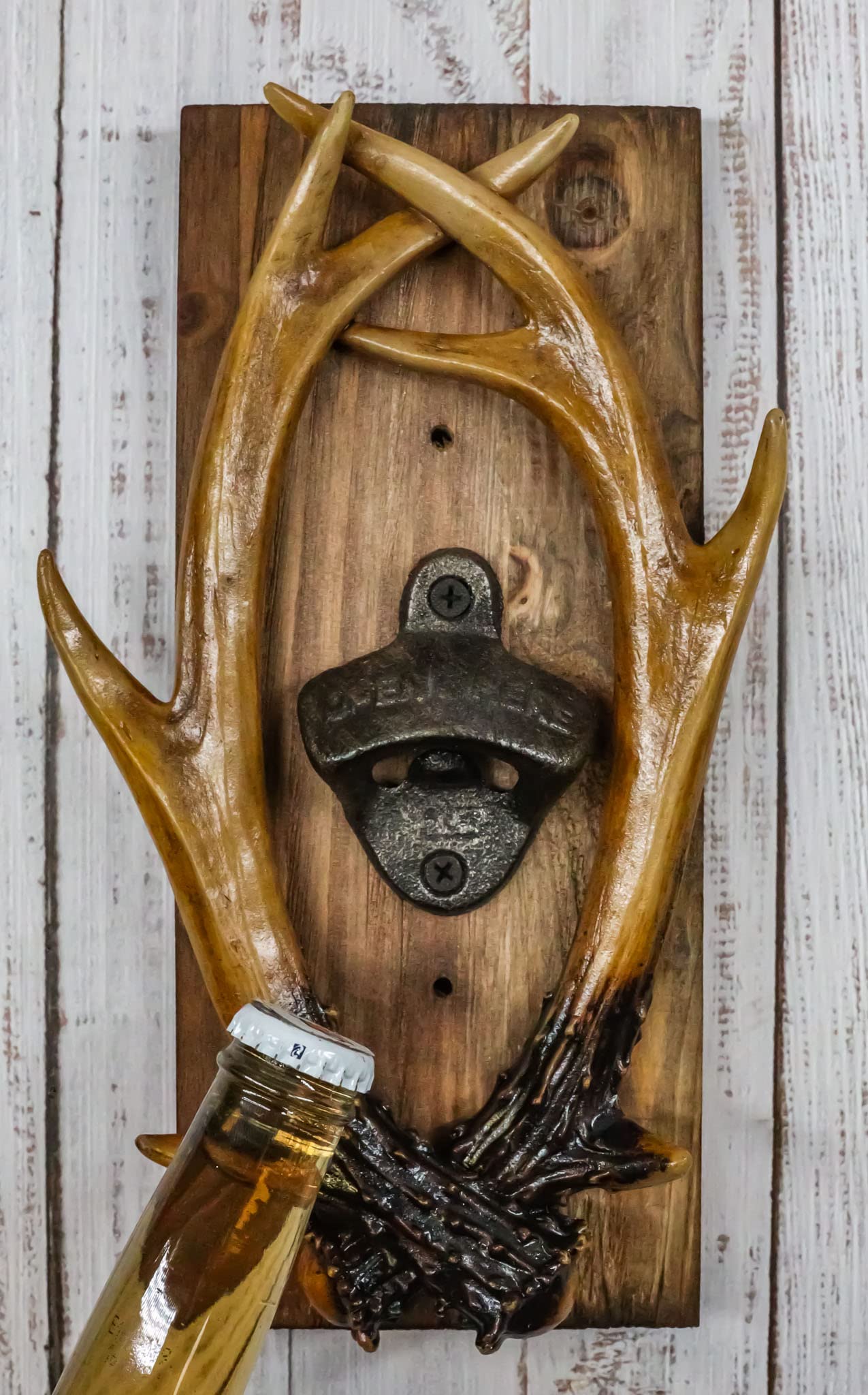 Ebros Rustic Western Faux Entwined Hunter's Stag Deer Antlers Trophy Mounted On Wood Plank Vintage Style Soda Beer Bottle Cap Cast Metal Opener 10.75" High Buck Deers Cabin Lodge Country Wall Plaque