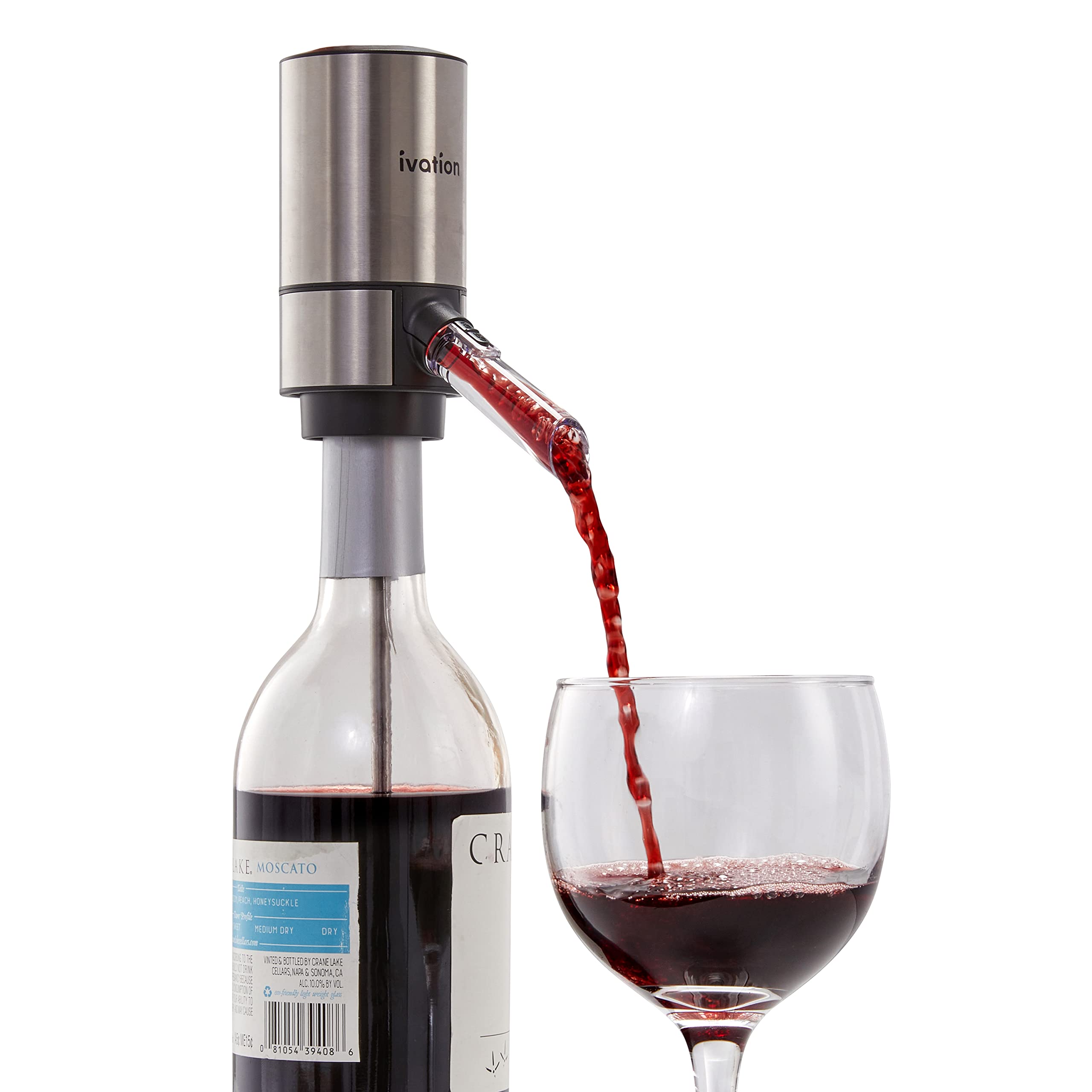 Ivation Stainless Steel Wine Aerator & Dispenser Set | Electric Battery-Operated Universal Wine Spout with Automatic Button Dispenser, Aeration Control, Stainless Steel Extension Rod & Storage Stand