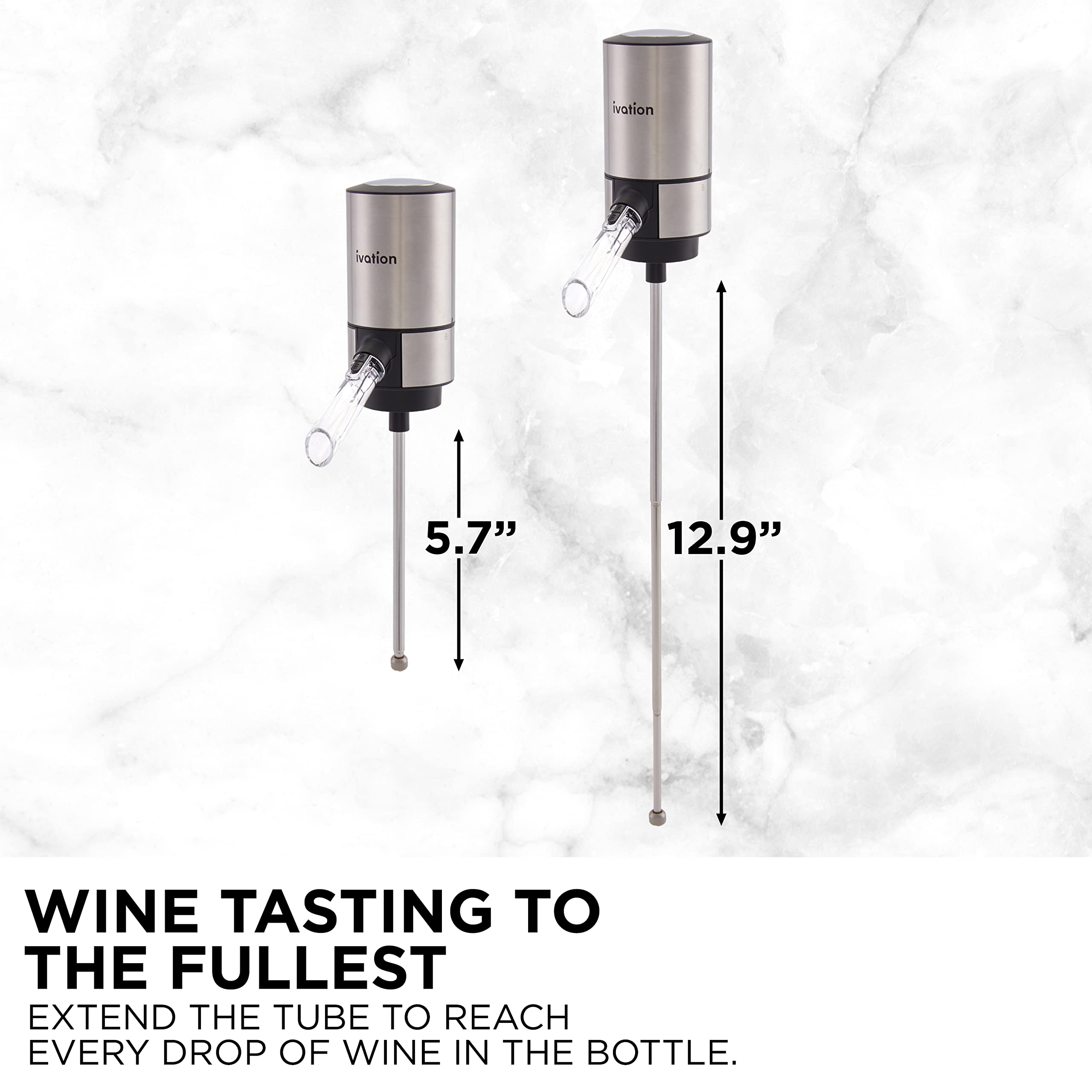 Ivation Stainless Steel Wine Aerator & Dispenser Set | Electric Battery-Operated Universal Wine Spout with Automatic Button Dispenser, Aeration Control, Stainless Steel Extension Rod & Storage Stand