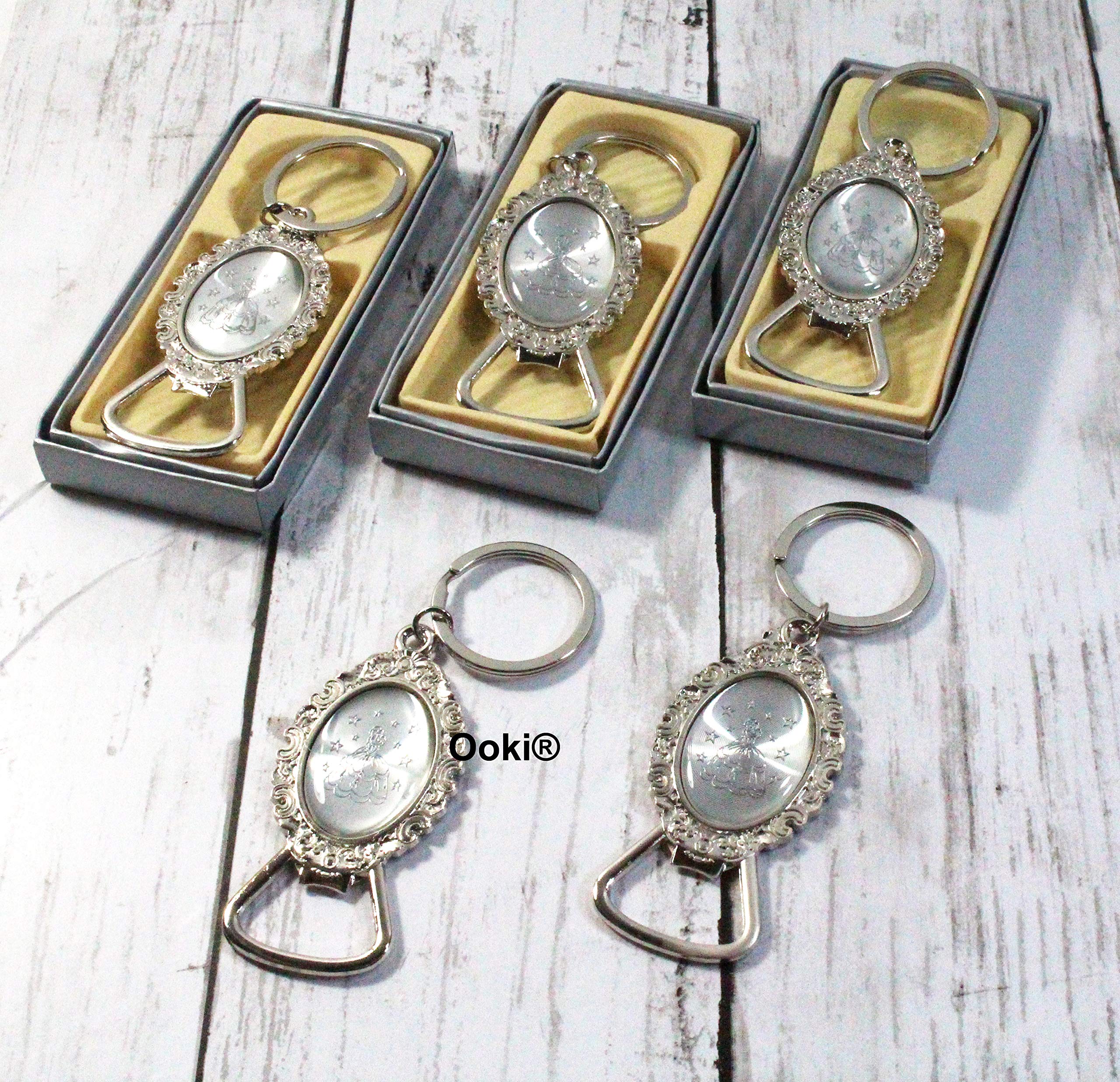 24 Elegant Princess Silver Cinderella Recuerdos para Quinceanera Sweet 15 16 Party Favors Compact Mirror Bottle Opener Keychain Baptism