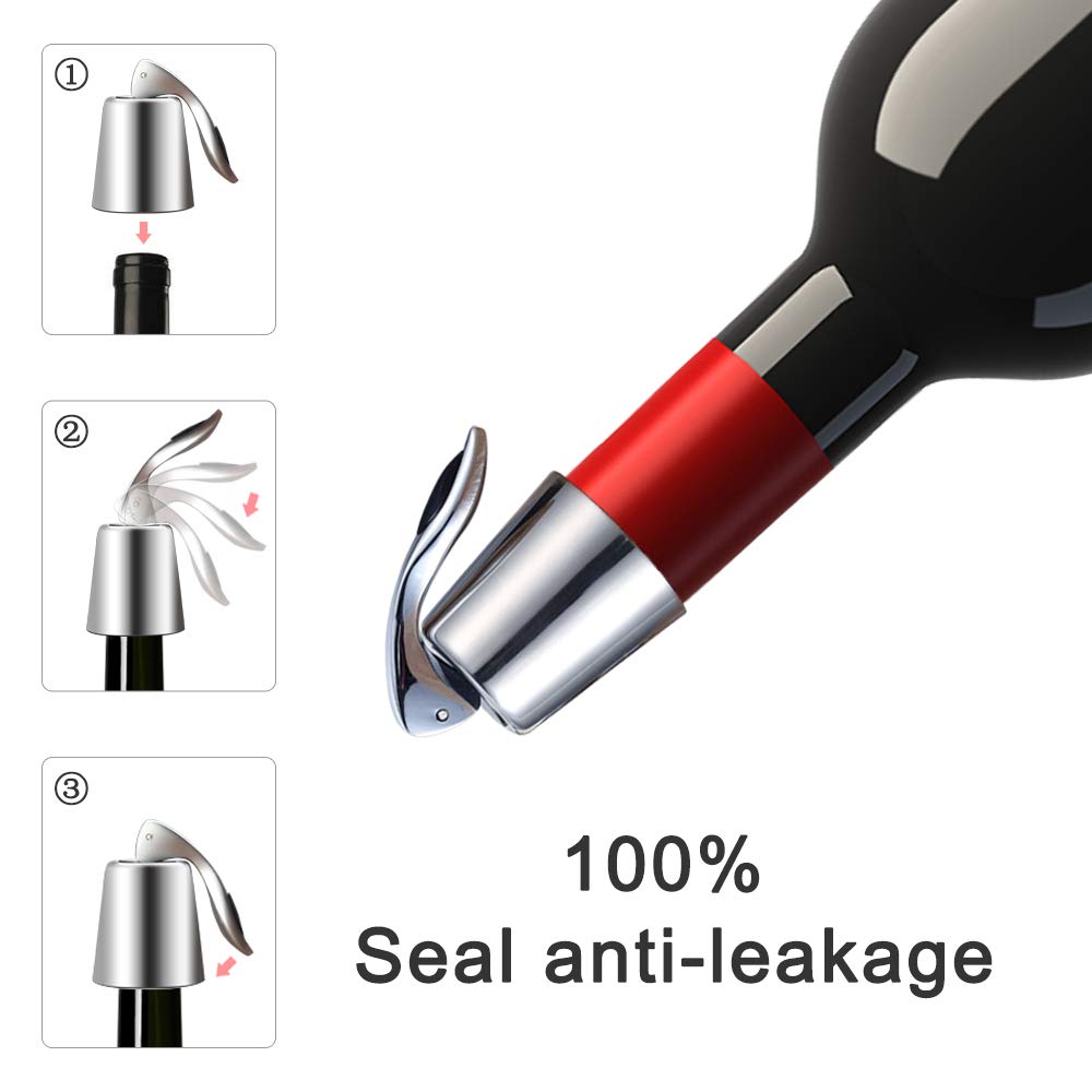 Wine Bottle Stopper Stainless Steel - Plug with BPA Free Silicone Cap Expanding Beverage Holder Reusable Saver Sealer For Fresh And Cooler Gadget Preserver For Home And Bar Accessories Gift Silver 2Pc