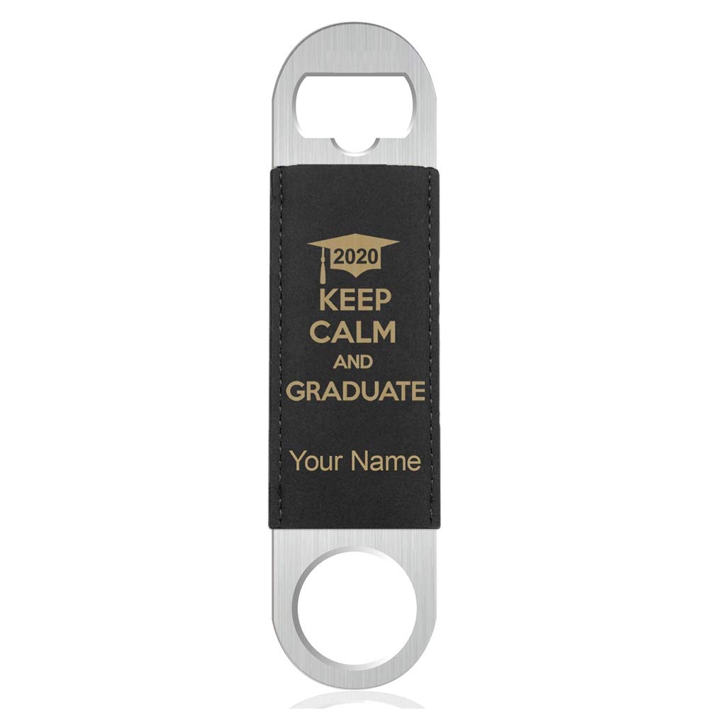 LaserGram Bottle Opener, Keep Calm and Graduate 2023, 2024, 2025, 2026, 2027, Personalized Engraving Included (Faux Leather, Black & Gold)