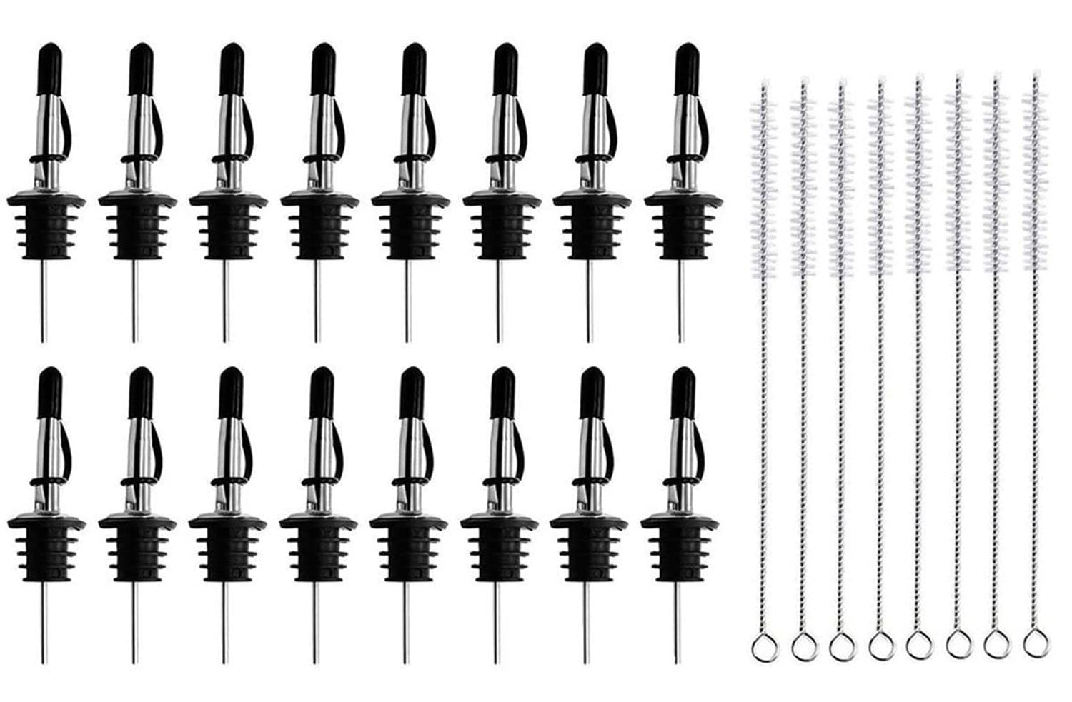 16PCS Liquor Pourers, Stainless Steel Liquor Bottle Pourers Tapered Spout with Rubber Dust Caps, with 8pcs Cleaning Brush, Suitable for About 3/4" Bottle Mouth