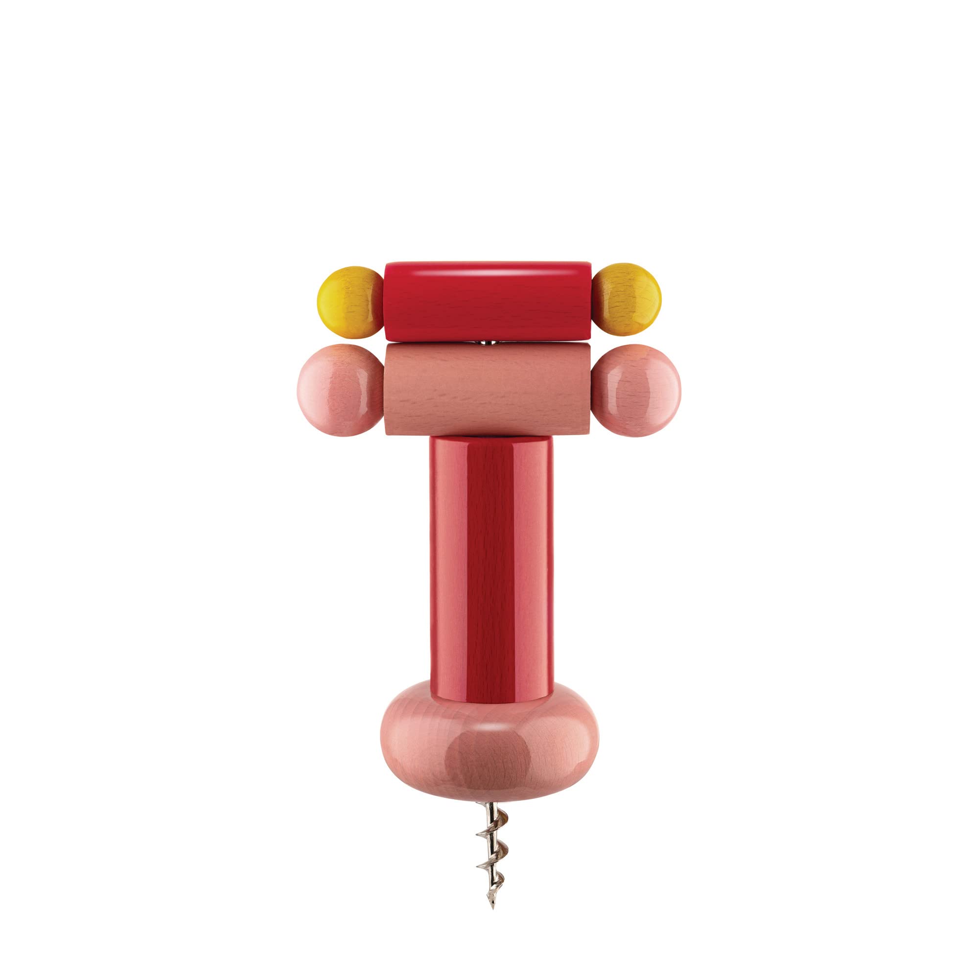 Alessi Corkscrew in beech-wood, red, yellow and pink. Alessi 100 Values Collection.