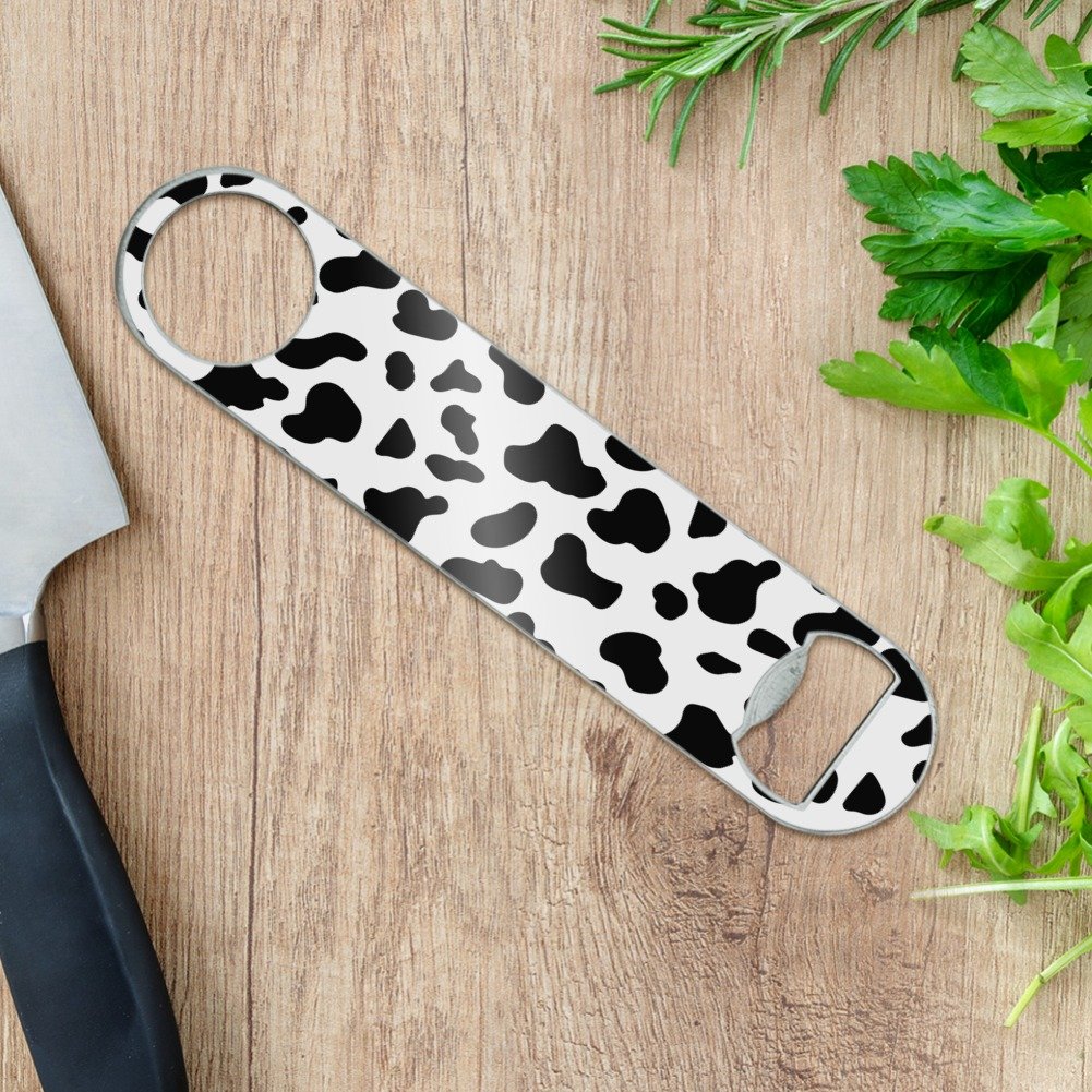 Cow Print Black White Stainless Steel Vinyl Covered Flat Bartender Speed Bar Bottle Opener