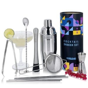 cobbler shaker cocktail mixer set, manhattan drink gift sets for women men, full bartender kit with cocktails mixing accessories jigger bar spoon muddler strainer tongs reusable metal straws 4 drinks