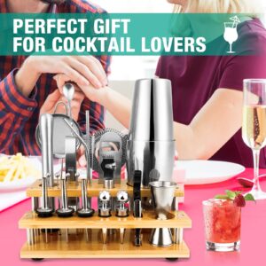 25 Pcs Cocktail Shaker Set, Bartending Tool Kit with Stand Mixology Bartender Kit Bar Set Mixer Barware Set with Strainer Alcohol Steel Martini Making for Home Drink Mixing, Party