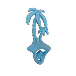 Handcrafted Nautical Decor Rustic Light Blue Cast Iron Wall Mounted Palm Tree Bottle Opener 6" - Bottle O