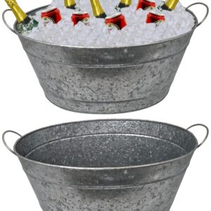 2 Pack Galvanized Metal 8 Gallon Oval Ice Bucket with Handles, Beverage Holder Tub for Farmhouse or Country Themed Party - by SciencePurchase (Silver with Metal Handles)