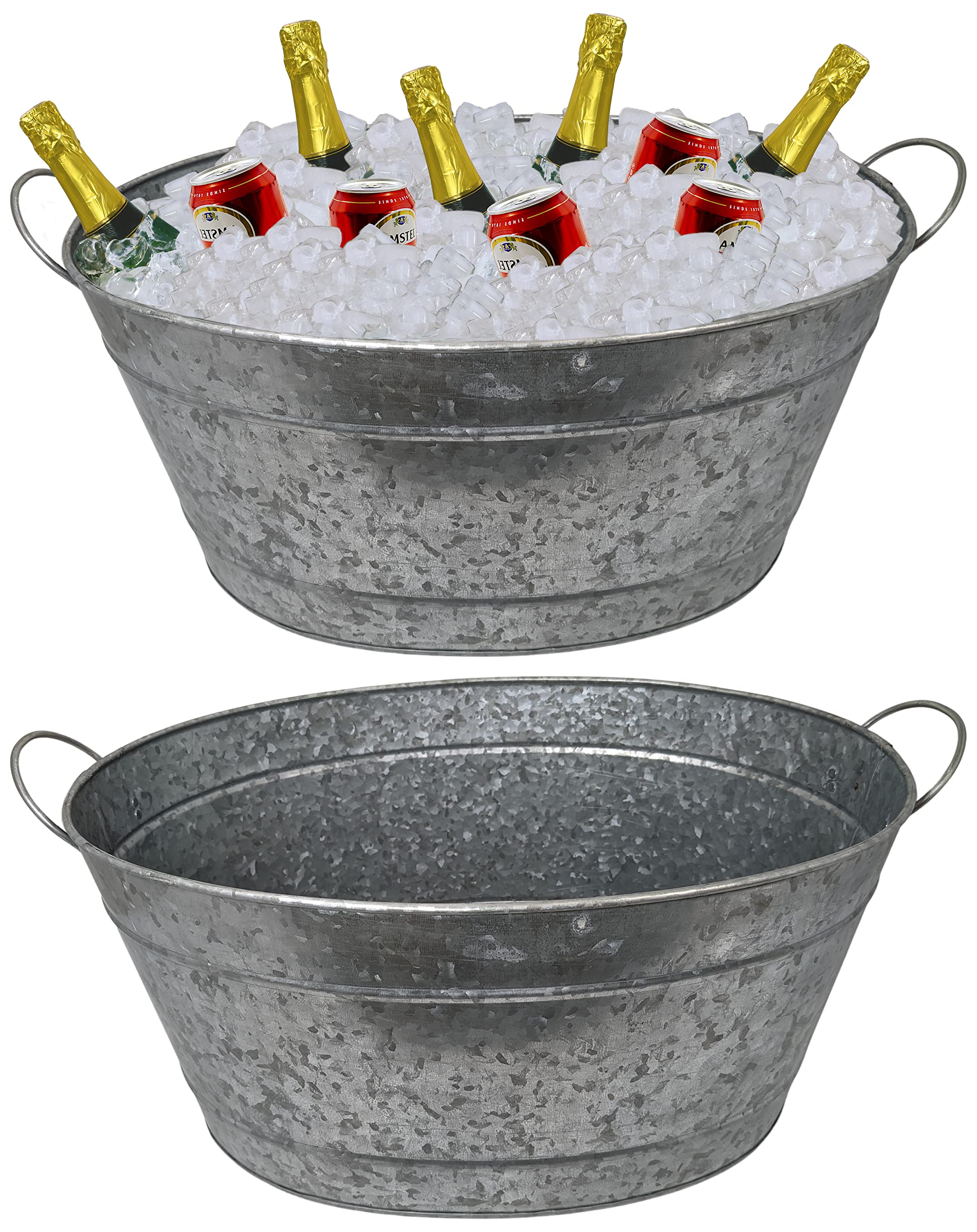 2 Pack Galvanized Metal 8 Gallon Oval Ice Bucket with Handles, Beverage Holder Tub for Farmhouse or Country Themed Party - by SciencePurchase (Silver with Metal Handles)