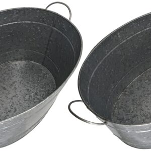 2 Pack Galvanized Metal 8 Gallon Oval Ice Bucket with Handles, Beverage Holder Tub for Farmhouse or Country Themed Party - by SciencePurchase (Silver with Metal Handles)