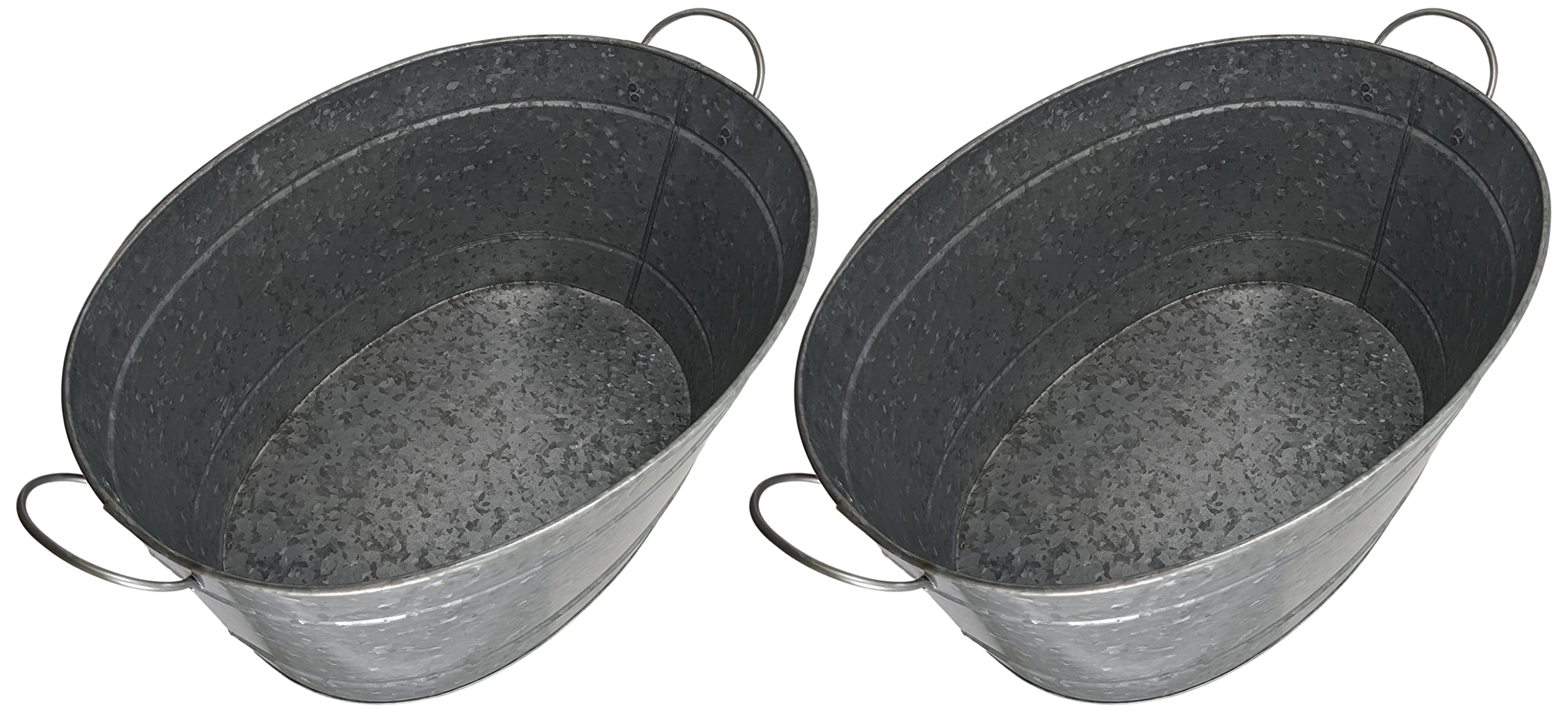 2 Pack Galvanized Metal 8 Gallon Oval Ice Bucket with Handles, Beverage Holder Tub for Farmhouse or Country Themed Party - by SciencePurchase (Silver with Metal Handles)