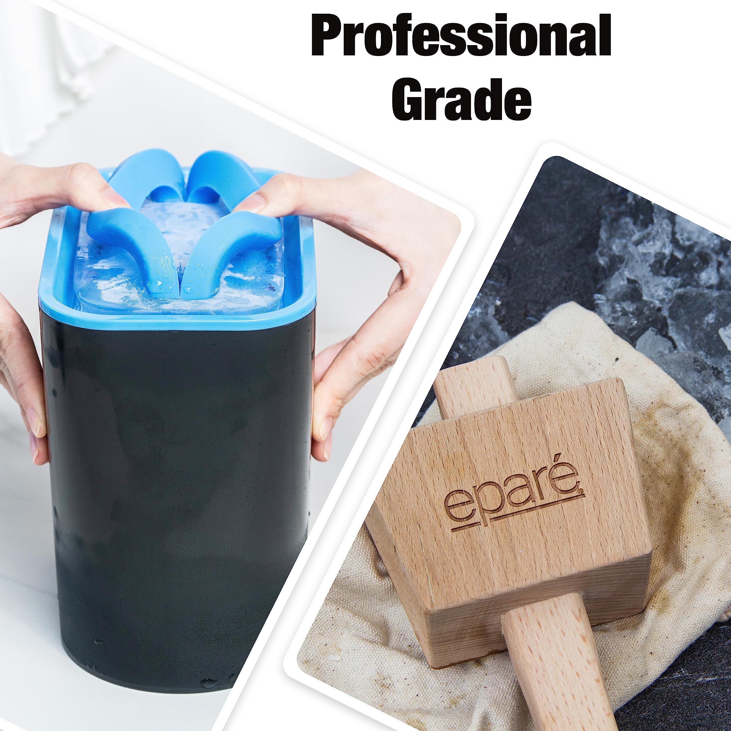 Eparé Clear Ice Cube Maker & Lewis Bag & Ice Mallet - Premium Silicone Ice Ball Maker & Manual Ice Crusher Wooden Hammer - Craft Whiskey Ice Ball Press & Canvas Crushing Bag