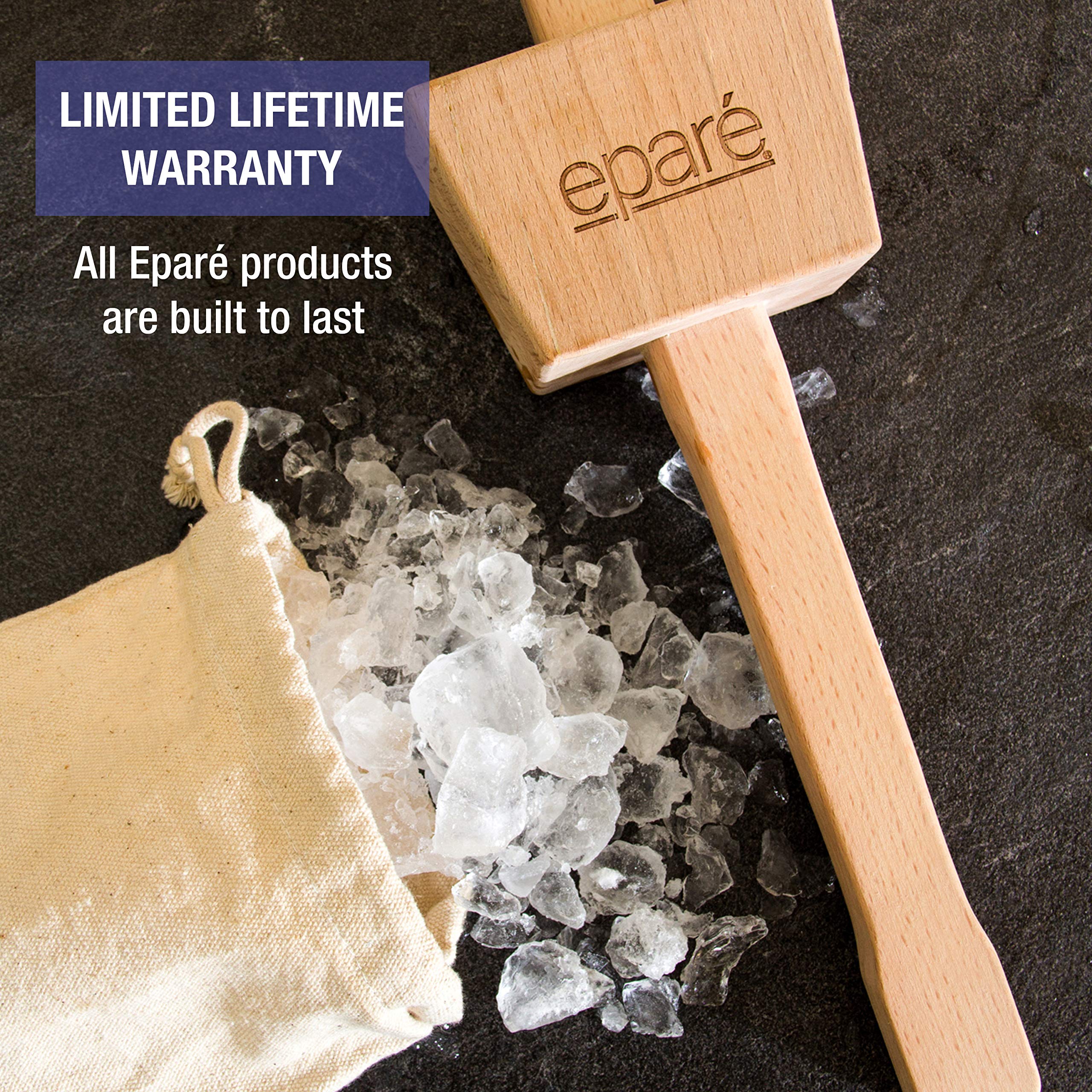 Eparé Clear Ice Cube Maker & Lewis Bag & Ice Mallet - Premium Silicone Ice Ball Maker & Manual Ice Crusher Wooden Hammer - Craft Whiskey Ice Ball Press & Canvas Crushing Bag