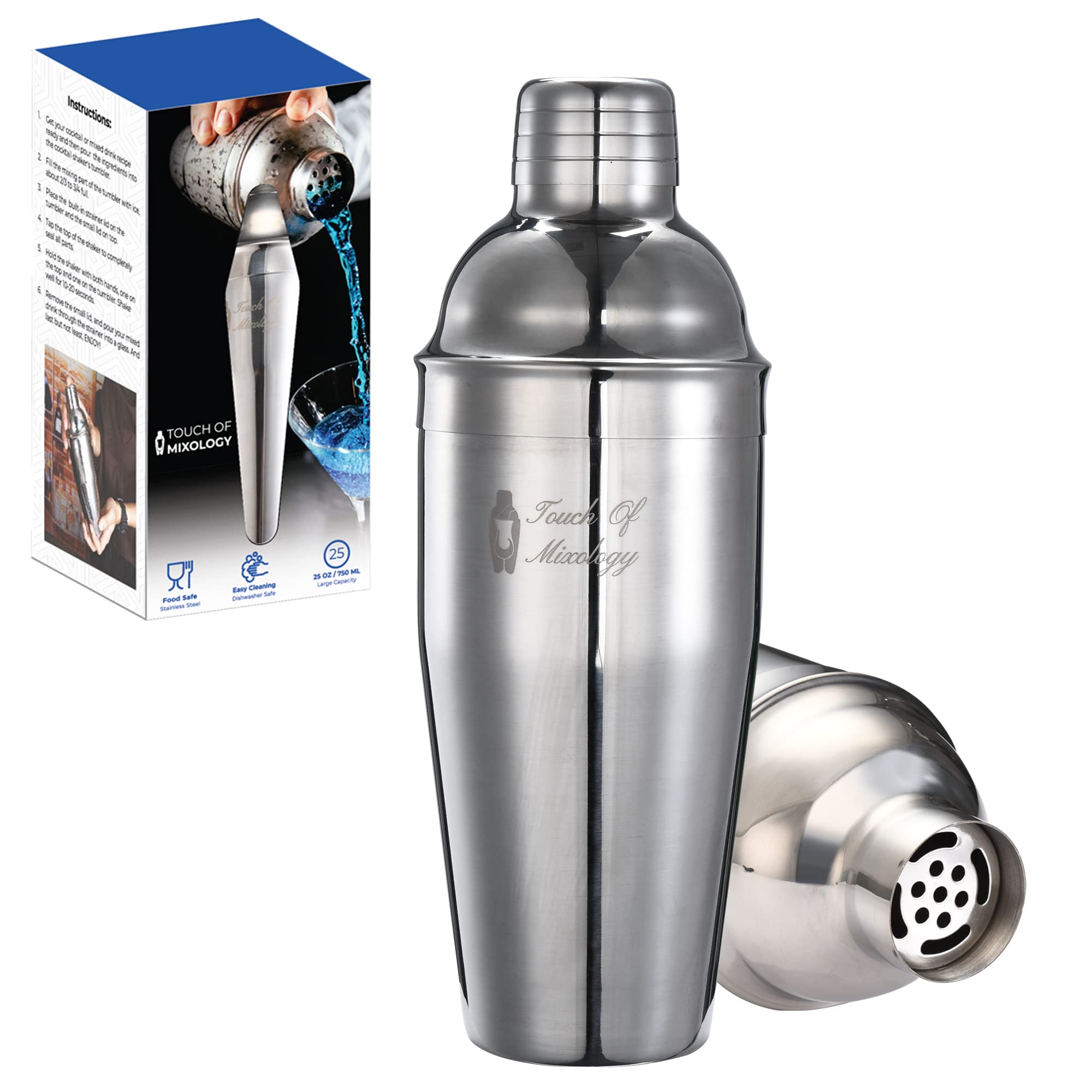 Touch of Mixology Stainless Steel Cocktail Shaker - 25oz Modern and Sleek Drink Shaker with Strainer - Durable and Rust Proof Martini Shaker