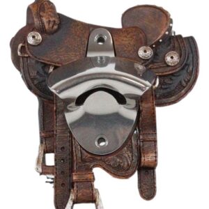 Ebros Gift Western Cowboy Farm Country Rustic Horse Saddle in Faux Tooled Leather Finish Wall Mounted Soda Beer Glass Bottle Cap Stainless Steel Metal Opener Sculpture Man Cave Accent