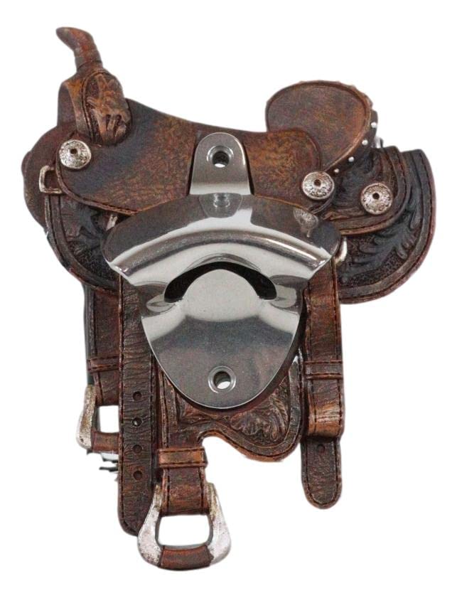 Ebros Gift Western Cowboy Farm Country Rustic Horse Saddle in Faux Tooled Leather Finish Wall Mounted Soda Beer Glass Bottle Cap Stainless Steel Metal Opener Sculpture Man Cave Accent