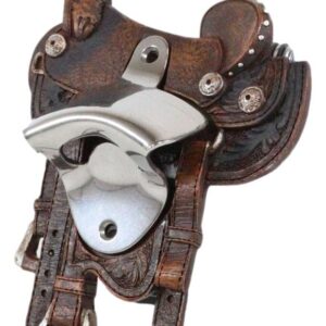 Ebros Gift Western Cowboy Farm Country Rustic Horse Saddle in Faux Tooled Leather Finish Wall Mounted Soda Beer Glass Bottle Cap Stainless Steel Metal Opener Sculpture Man Cave Accent