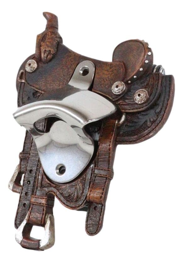 Ebros Gift Western Cowboy Farm Country Rustic Horse Saddle in Faux Tooled Leather Finish Wall Mounted Soda Beer Glass Bottle Cap Stainless Steel Metal Opener Sculpture Man Cave Accent