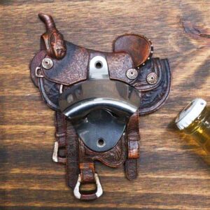 Ebros Gift Western Cowboy Farm Country Rustic Horse Saddle in Faux Tooled Leather Finish Wall Mounted Soda Beer Glass Bottle Cap Stainless Steel Metal Opener Sculpture Man Cave Accent