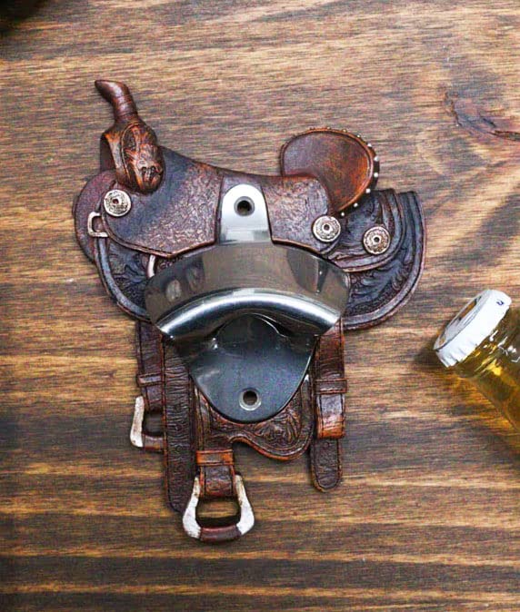 Ebros Gift Western Cowboy Farm Country Rustic Horse Saddle in Faux Tooled Leather Finish Wall Mounted Soda Beer Glass Bottle Cap Stainless Steel Metal Opener Sculpture Man Cave Accent