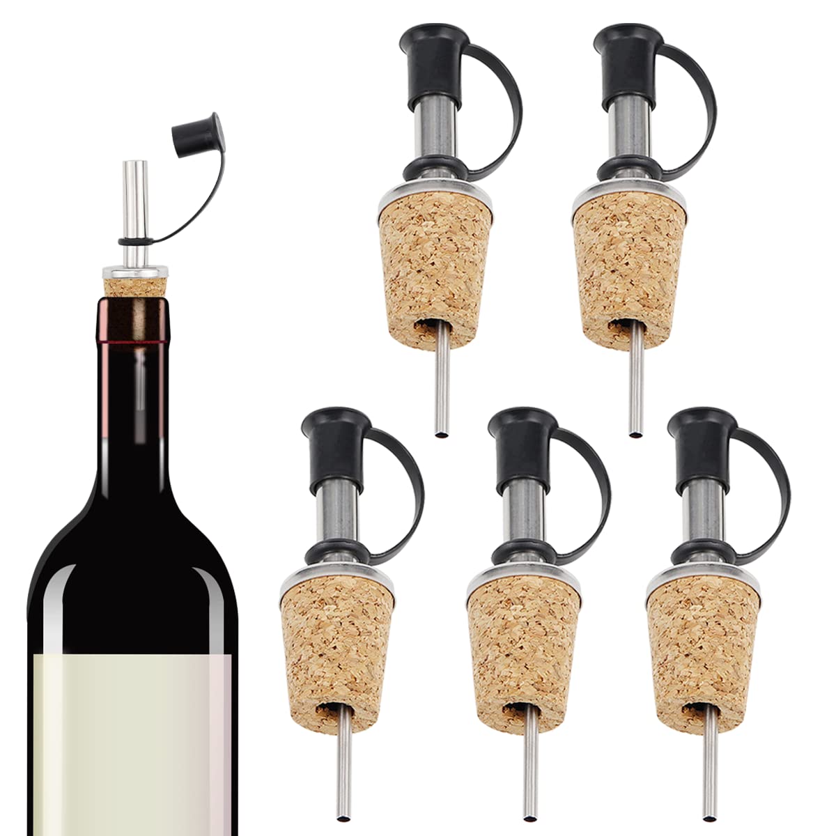 DOERDO 5pcs Stainless Steel Wine Pourers Wine Liquor Bottle Cork Stopper for Wine Olive Oil Coffee Syrup Vinegar Bottles