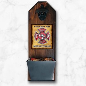 Firefighter Hero Wall Mounted Bottle Opener and Cap Catcher - Handcrafted by a Vet - 100% Solid Pine 3/4" Thick - Rustic Sign and Bottle Opener and Galvanized Bucket - Perfect Reusable Gift